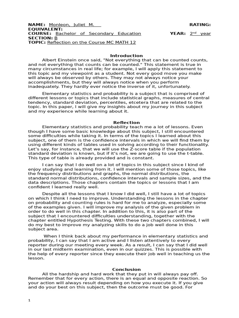 Reflection Paper MC MATH 12-Monleon Juliet M | PDF