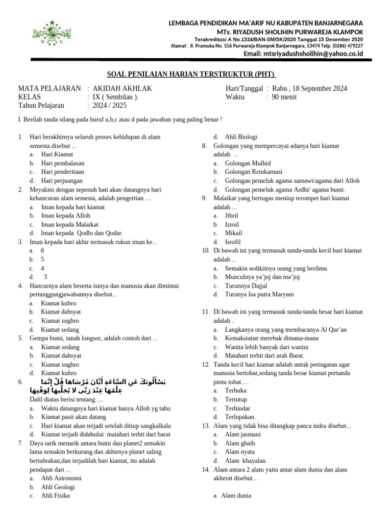 Soal Pht-Uts KLS 9 S.1 24-25 Fix | PDF