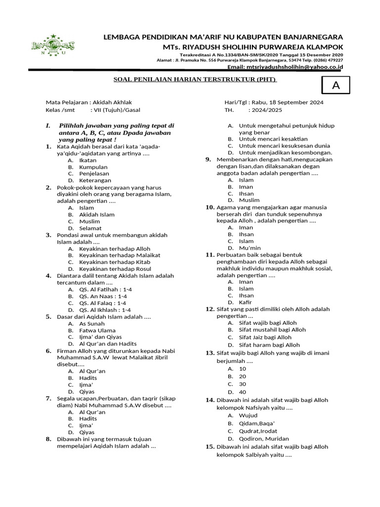 A. SOAL, KUNCI JWB PHT-UTS s.1, 7 '24-25 | PDF