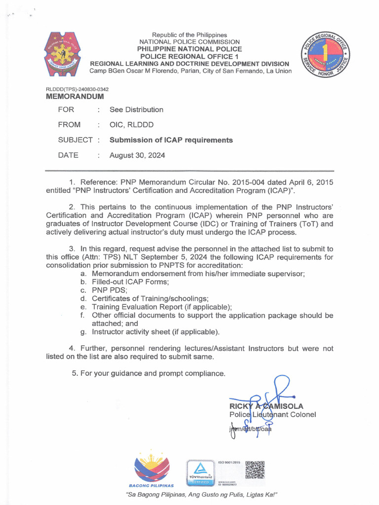 Submission of ICAP Requirements | PDF