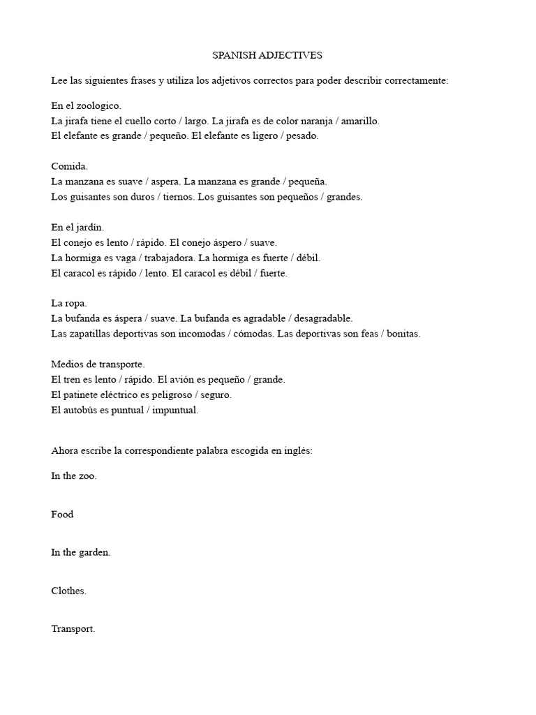 Spanish Adjectives Worksheet | PDF | Language Arts & Discipline