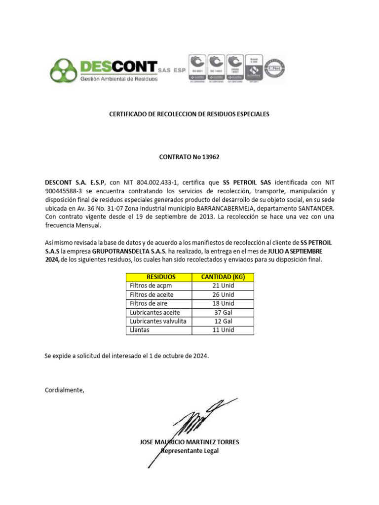Certificado Descont Julio-Sep 2024 | PDF