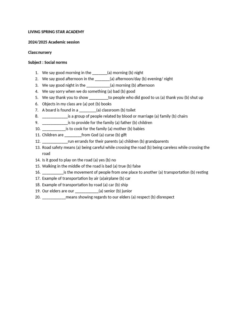 LIVING SPRING SPRING ACADEMY (KG) SOCIAL NORMS - WPS Office | PDF