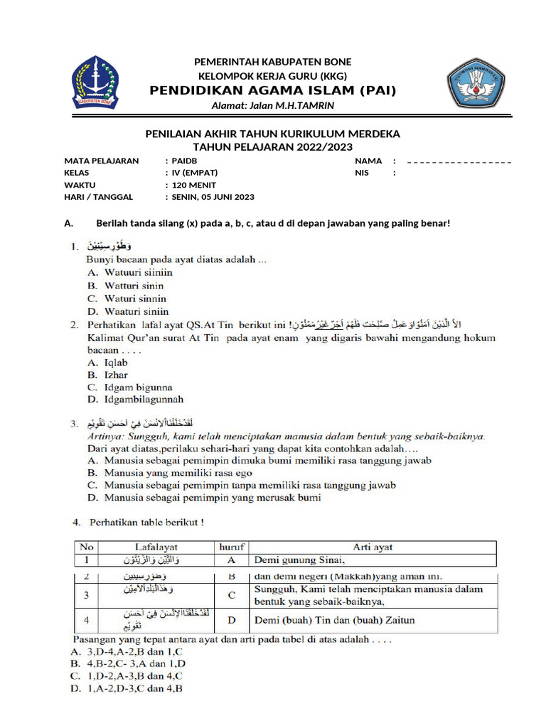 20231120-Soal Ukk Kelas 4 Kurmer | PDF