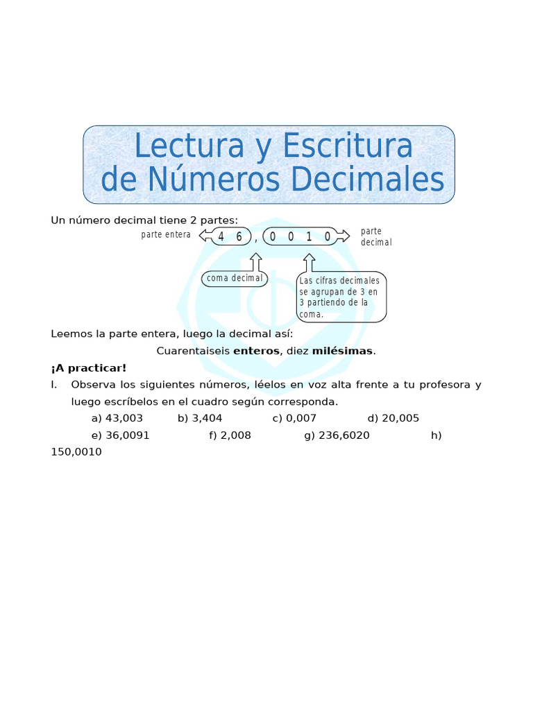 Lectura y Escritura de Numeros Decimales para Cuarto de Primaria | PDF