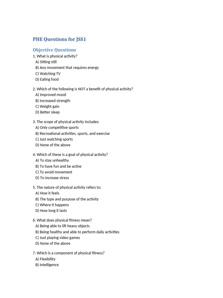 PHE Questions For JSS1 | PDF