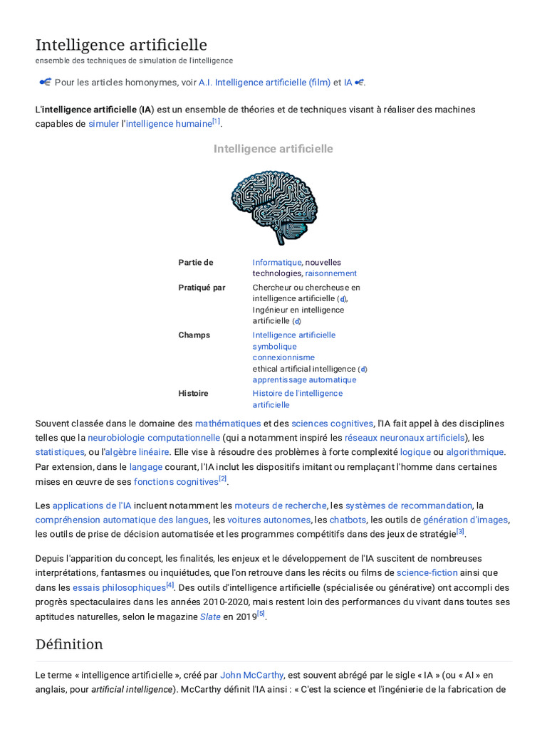 Intelligence Artificielle - Wikipédia | PDF