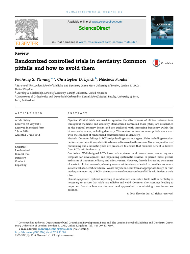Fleming PS, 2014 - Randomized Controlled Trials in Dentistry - Common Pitfalls and How To Avoid ...