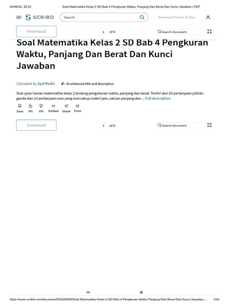 Soal Matematika Kelas 2 SD Bab 4 Pengkuran Waktu, Panjang Dan Berat Dan Kunci Jawaban - PDF | PDF