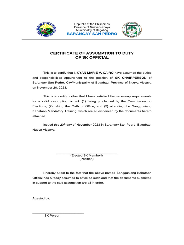 Certificate of Assumption to Duty of SK and Brgy Official | PDF