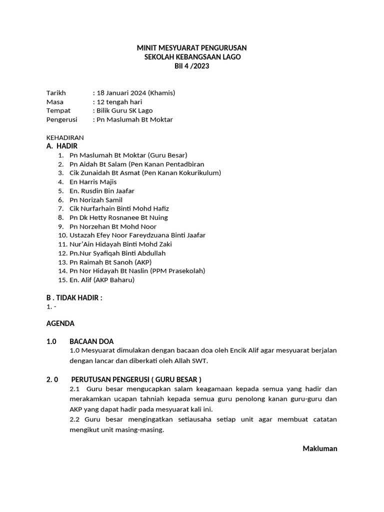 Minit Mesyuarat Pengurusan Bil 4 (2023 2024) | PDF