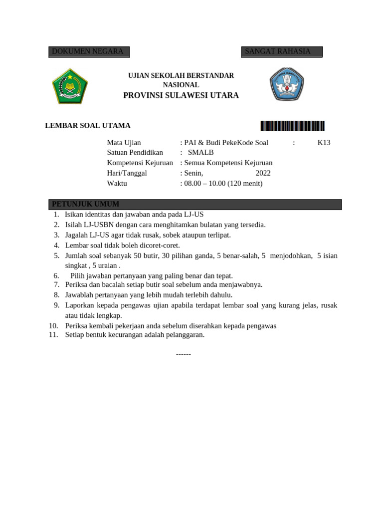 Soal USU SMALB 2022 PAI | PDF