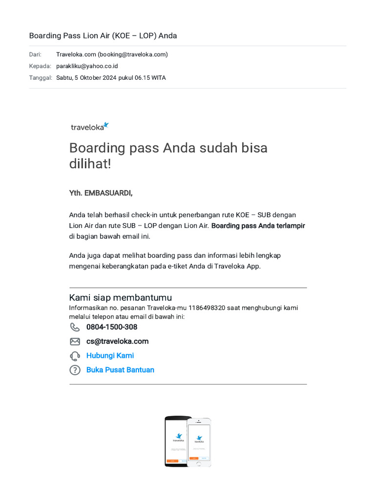Yahoo Mail - Boarding Pass Lion Air (KOE - LOP) Anda | PDF