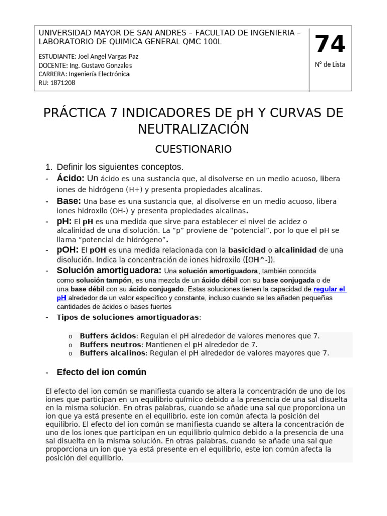Cuestionario 7º Labo QMC-100 | PDF | Ph | Solución tampón