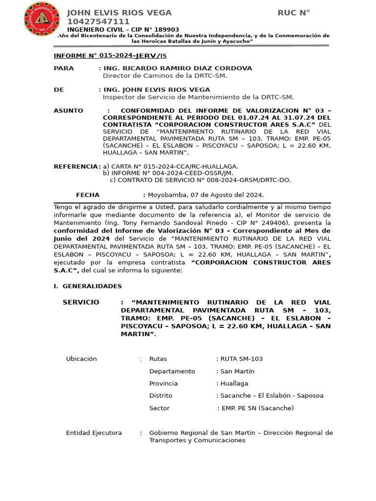 INFORME N° Conform. Val. 03 SACANCHE | PDF