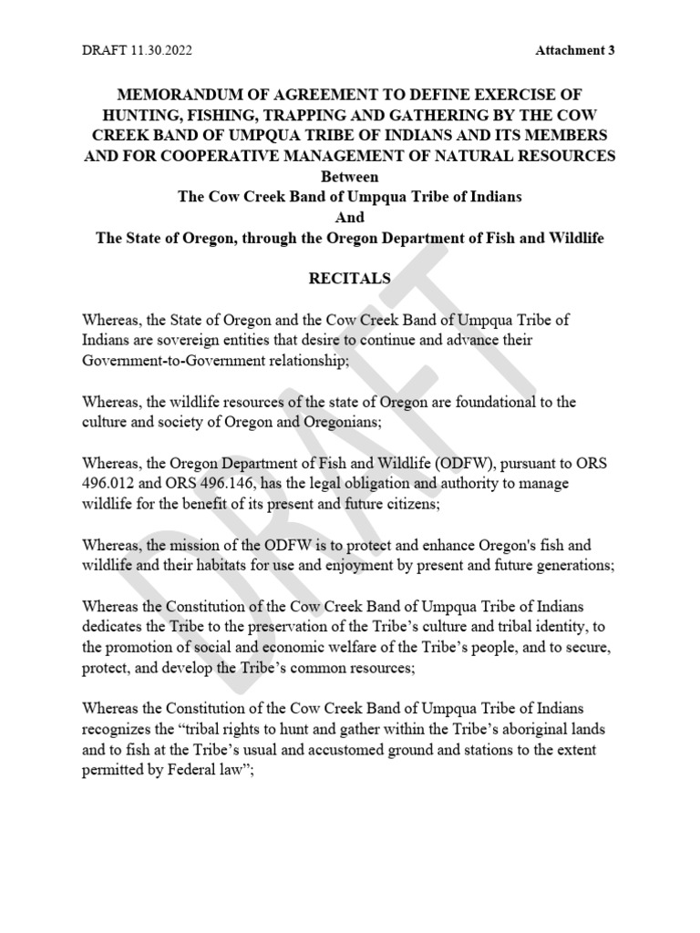 Exhibit B - Attachment 3 - Draft Memorandum of Agreement - Cow Creek ...