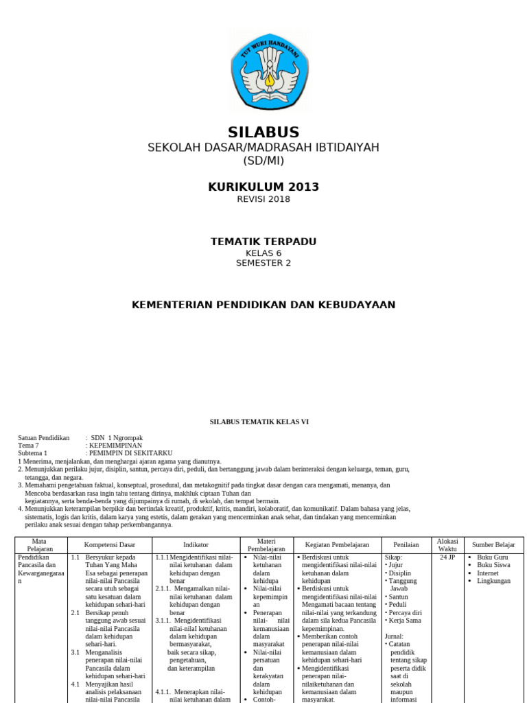 Silabus Kelas 6 Tema 7 (REVISI 2018) | PDF
