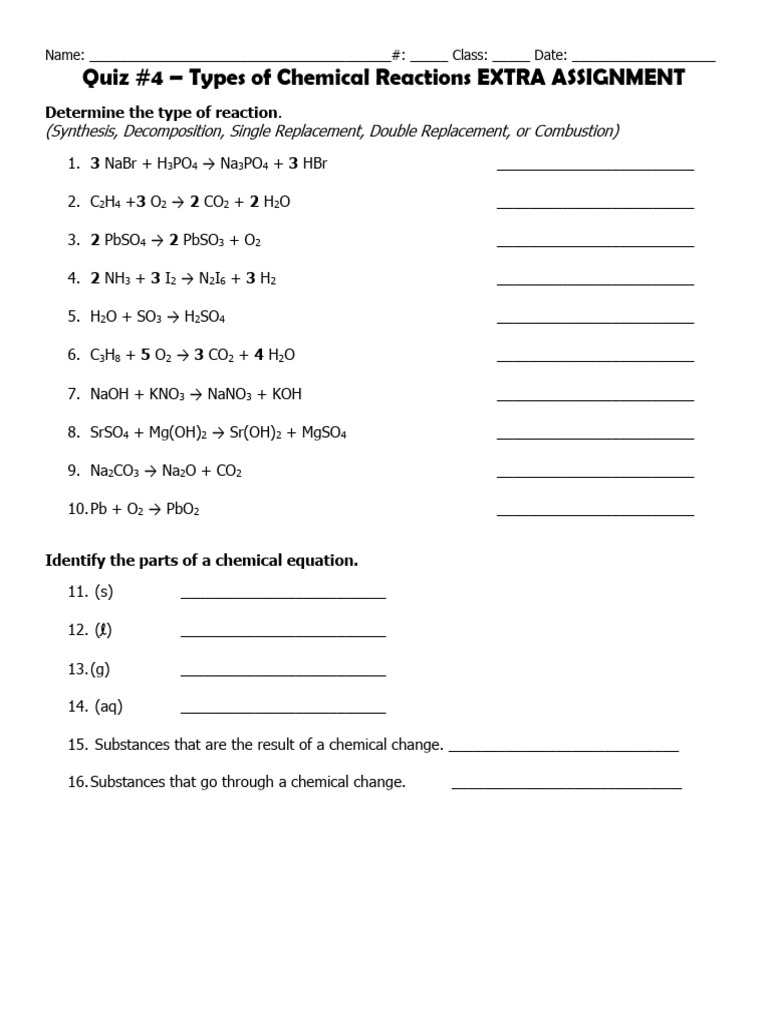 Quiz 4 - Types of Chemical Reactions EXTRA ASSIGNMENT | PDF