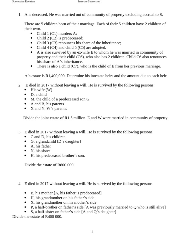 Test Revision Questions - Intestate Succession | PDF | Inheritance ...