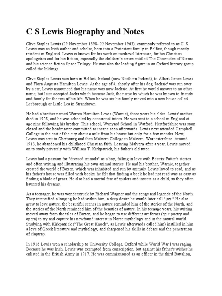 C S Lewis Biography and Notes | PDF | C. S. Lewis | The Chronicles Of ...