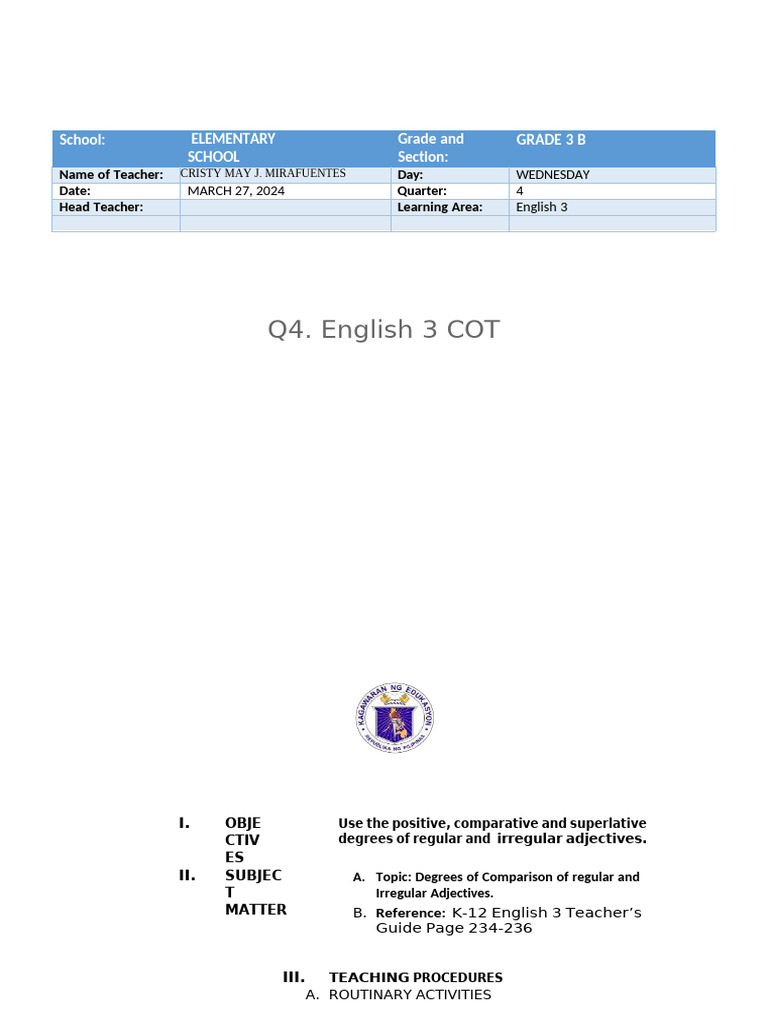 q4 English 3 Cot | PDF