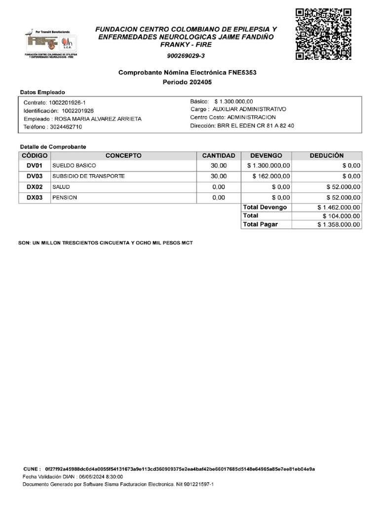 Comprobante Nómina Electrónica FNE5353 - Periodo 202405 | PDF
