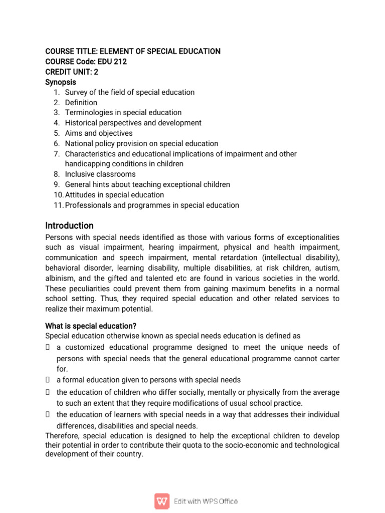 EDU212 - Element of Special Education | PDF