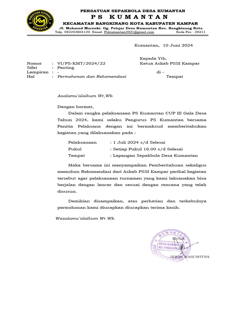 Surat Pemb Dan Rekom Ke PSSI Kampar | PDF