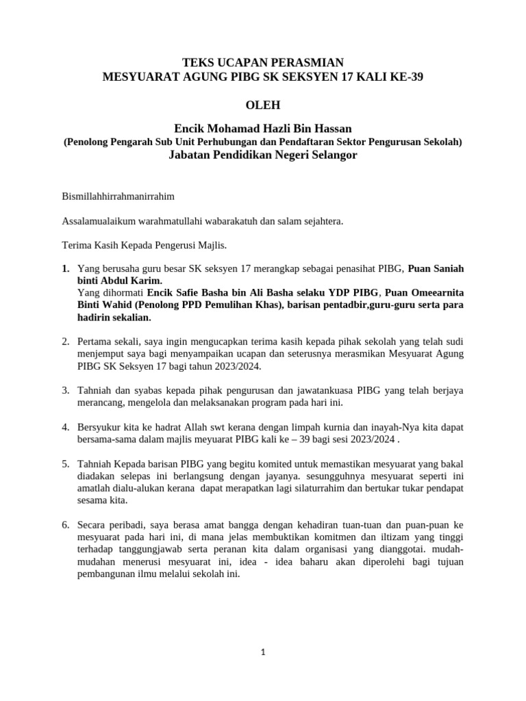 Teks Ucapan Perasmi PIBG | PDF