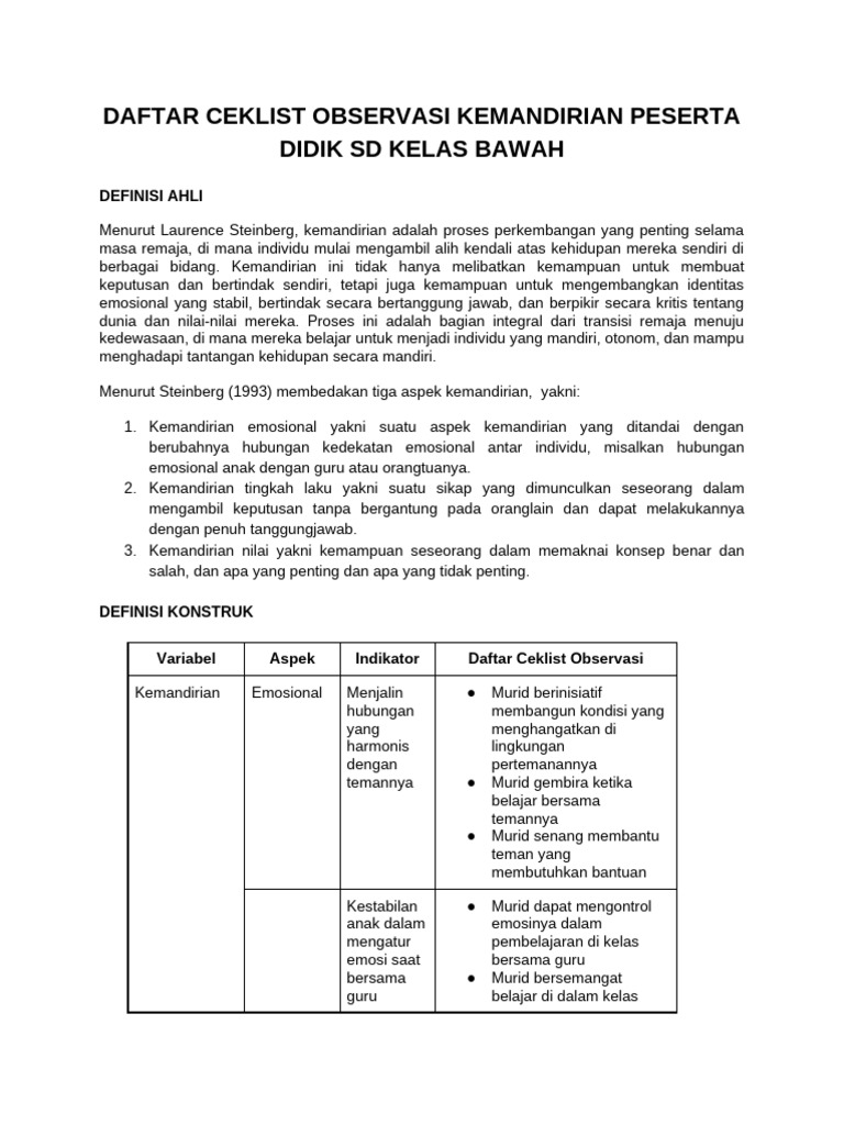 Daftar Ceklist Observasi Kemandirian Peserta Didik SD Kelas Bawah | PDF