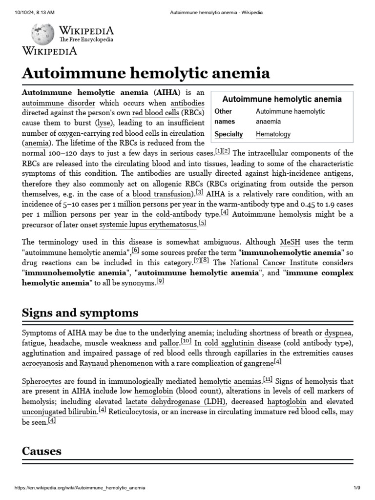 Autoimmune Hemolytic Anemia - Wikipedia | PDF