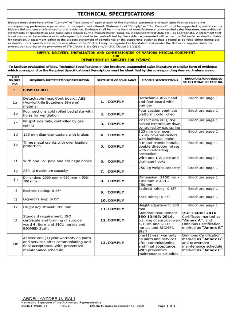 ZCMC Specs (Hospital Bed) 5-7-24 | PDF