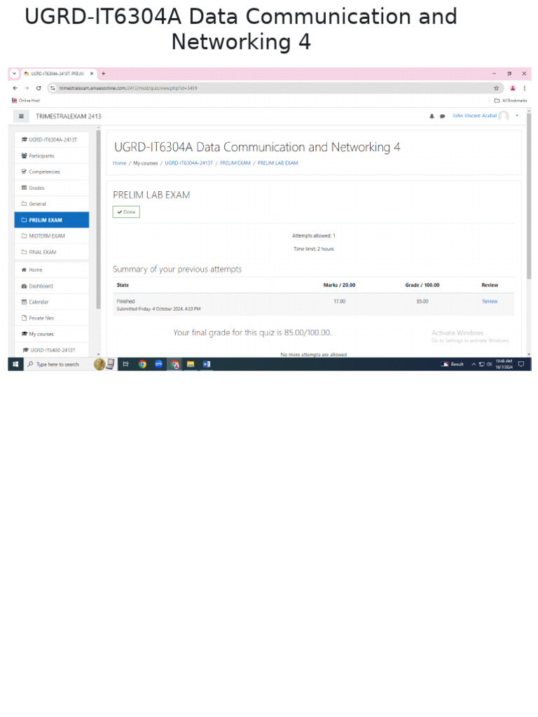 UGRD-IT6304A Data Communication and Networking 4 (Prelim Lab Exam) - John Vincent Acabal | PDF