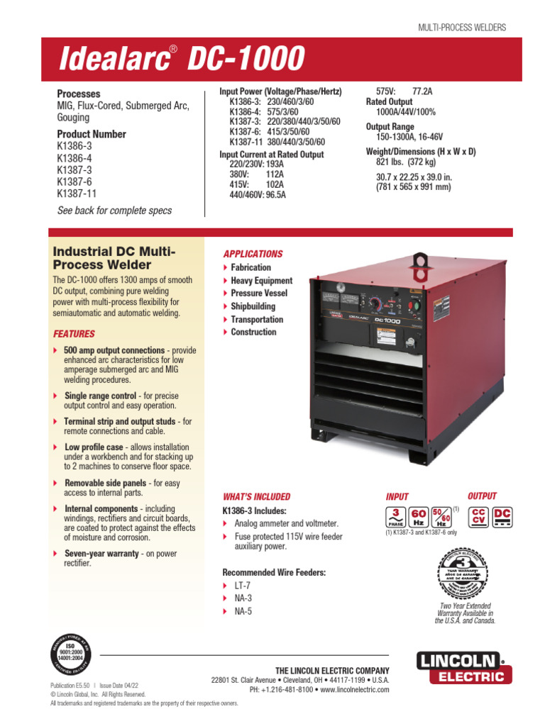 Idealarc dc-1000 Spec Sheet | PDF