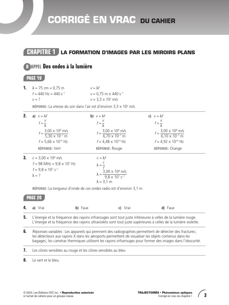 Trajectoires Phénomènes Optiques ch1 Corrigé | PDF | Lumière | Optique