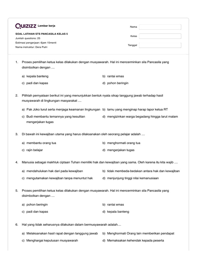 SOAL LATIHAN STS PANCASILA KELAS 5 - Quizizz | PDF