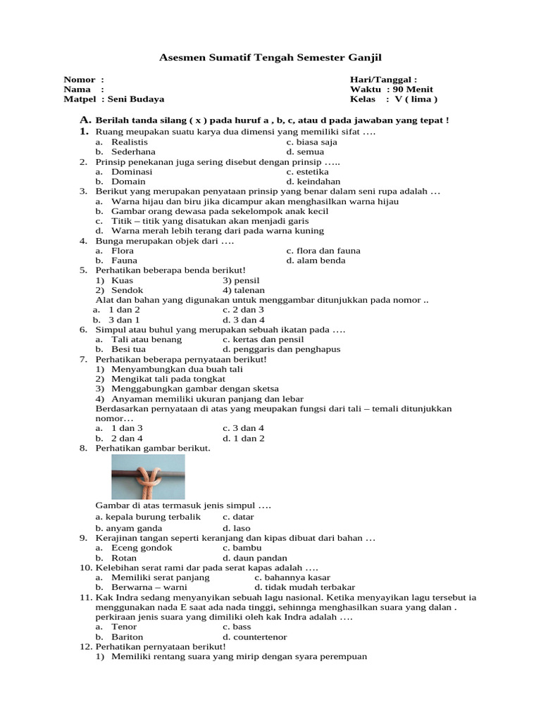 Asesmen Sumatif Seni Budaya SMT 1 2024 Kelas 5 | PDF