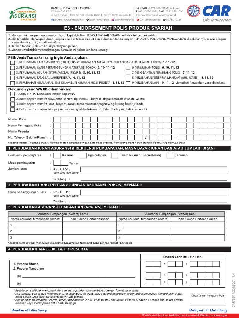 Formulir - Form Endorsement Polis Produk Syariah E3 - CAR26 | PDF