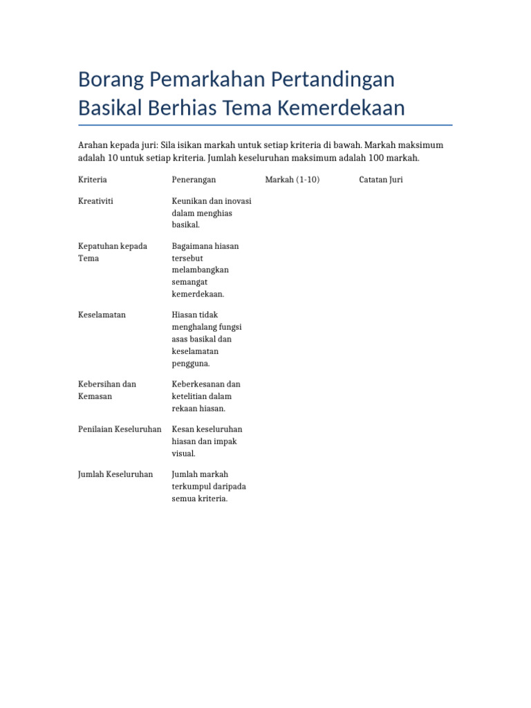 Borang Pemarkahan Pertandingan Basikal Berhias | PDF