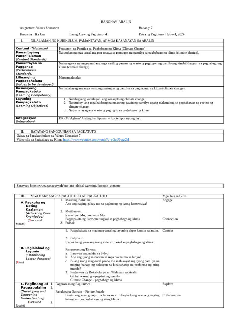 Banghay Aralin Values Education 7 | PDF