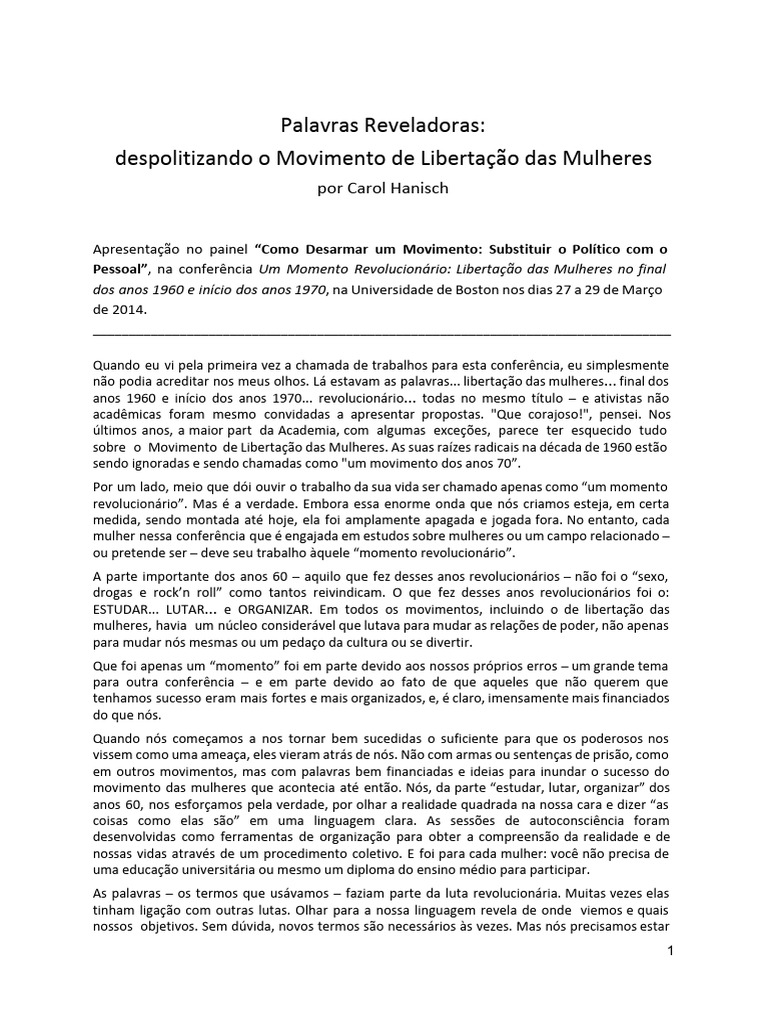 Artigo-PT-BR - Carol Hanisch - Palavras Reveladoras - Despolitizando o ...