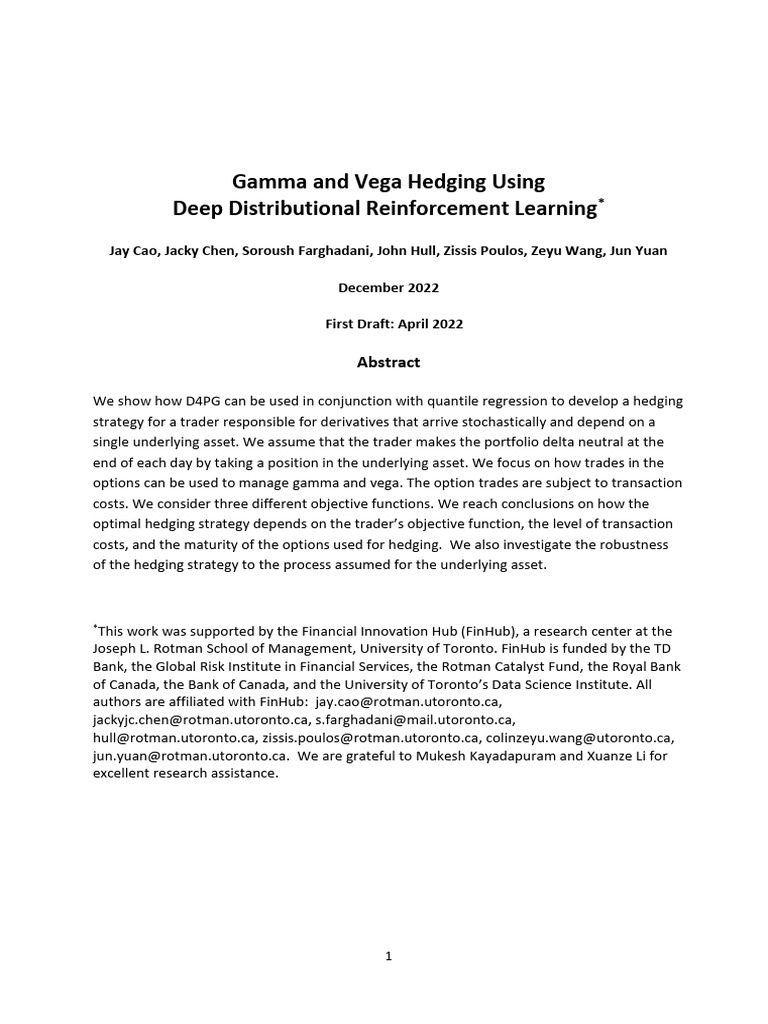 Gamma and Vega Hedging Using Deep Distributional Reinforcement Learning | PDF