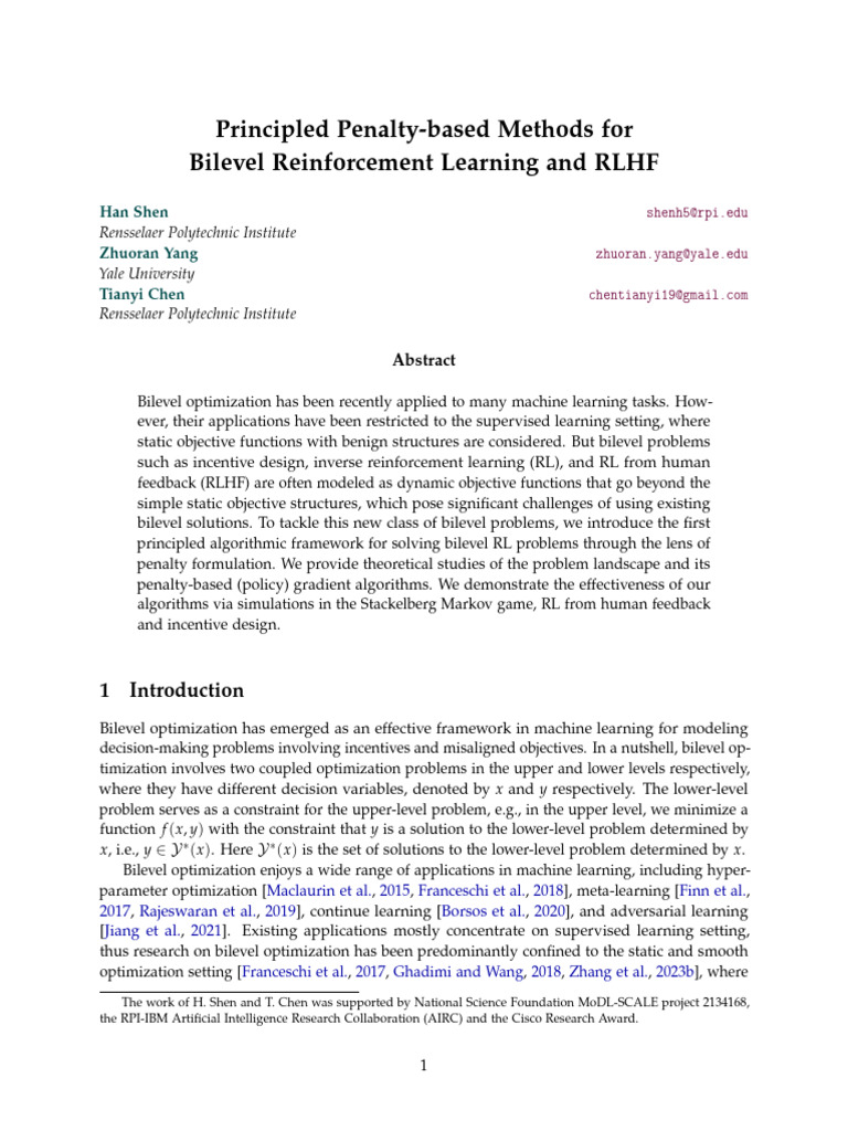 Principled Penalty-Based Methods For Bilevel Reinforcement Learning and RLHF | PDF