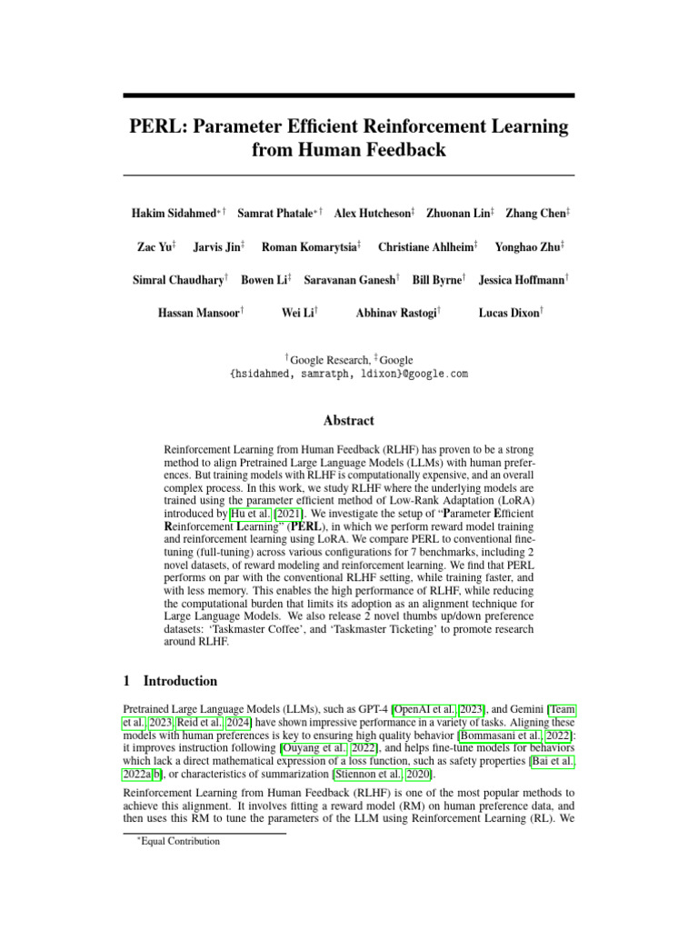 PERL: Parameter Efficient Reinforcement Learning From Human Feedback | PDF
