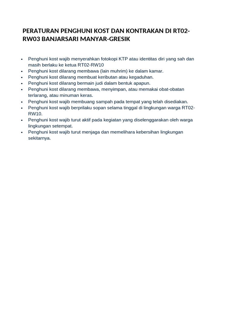 Peraturan Penghuni Kost Dan Kontrakan Di Rt02 | PDF