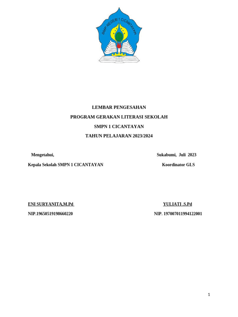 Lembar Pengesahan Program Gerakan Literasi Sekolah SMPN 1 Cicantayan ...