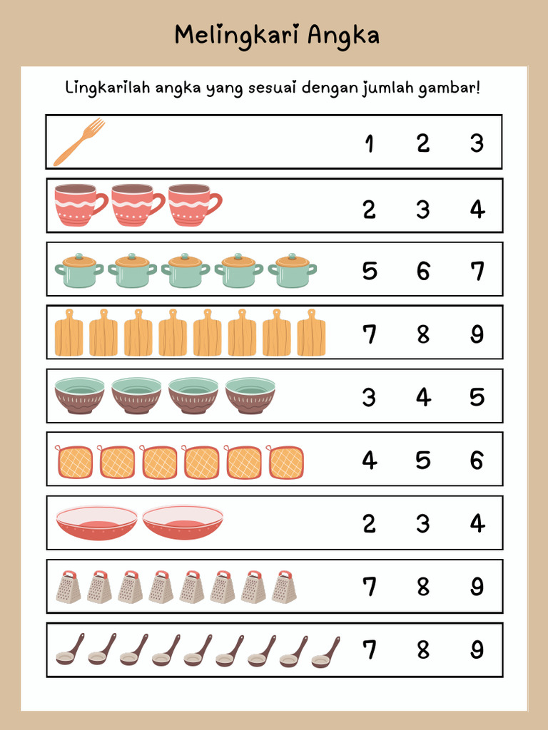 Lembar Kerja Melingkari Angka Sesuai Jumlah Peralatan Dapur Ilustrasi ...