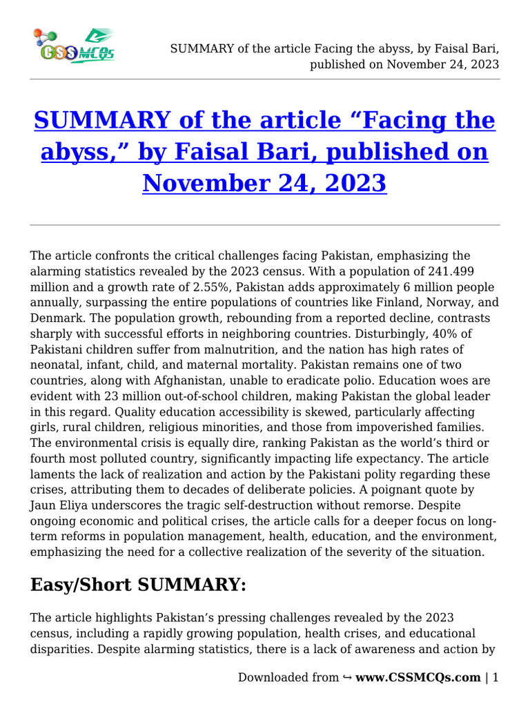 SUMMARY of The Article Facing The Abyss, by Faisal Bari, Published On ...
