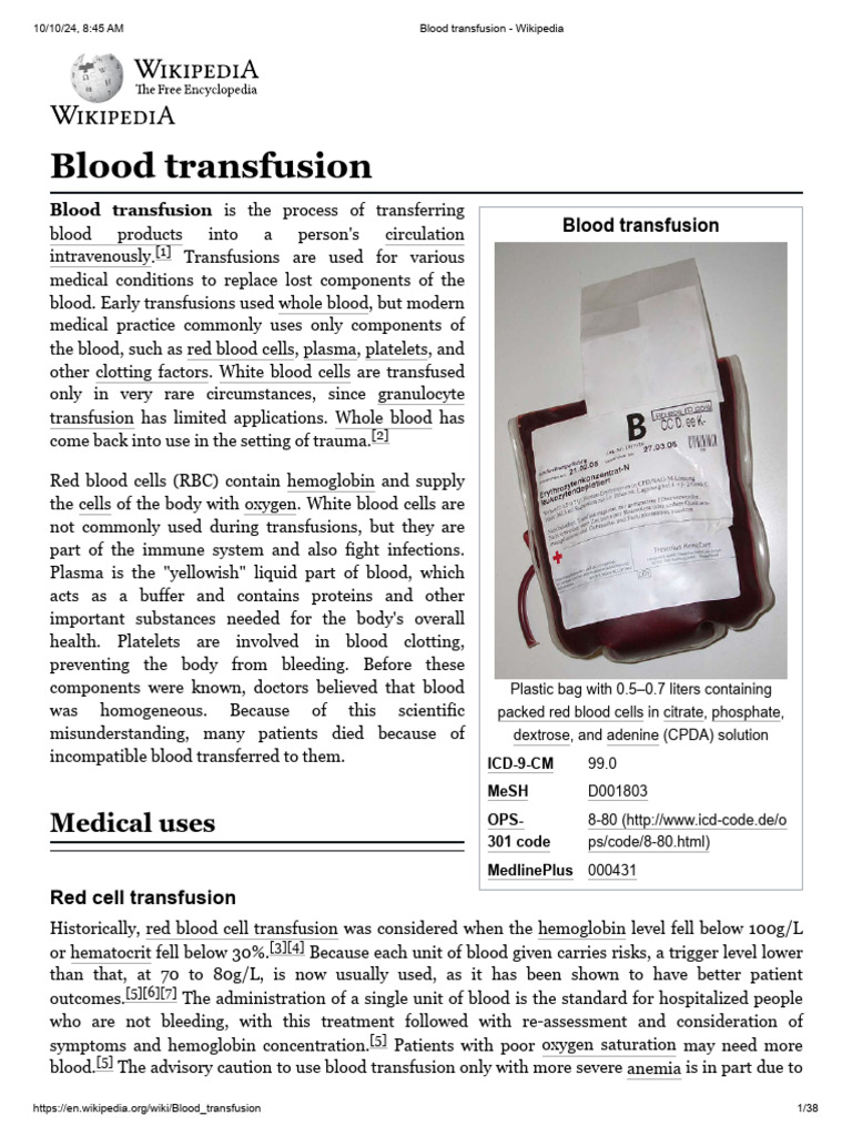 Blood Transfusion - Wikipedia | PDF