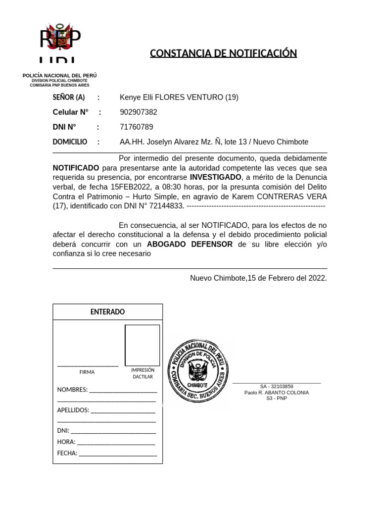 Acta de Constancia de Notificació de Denuncia | PDF